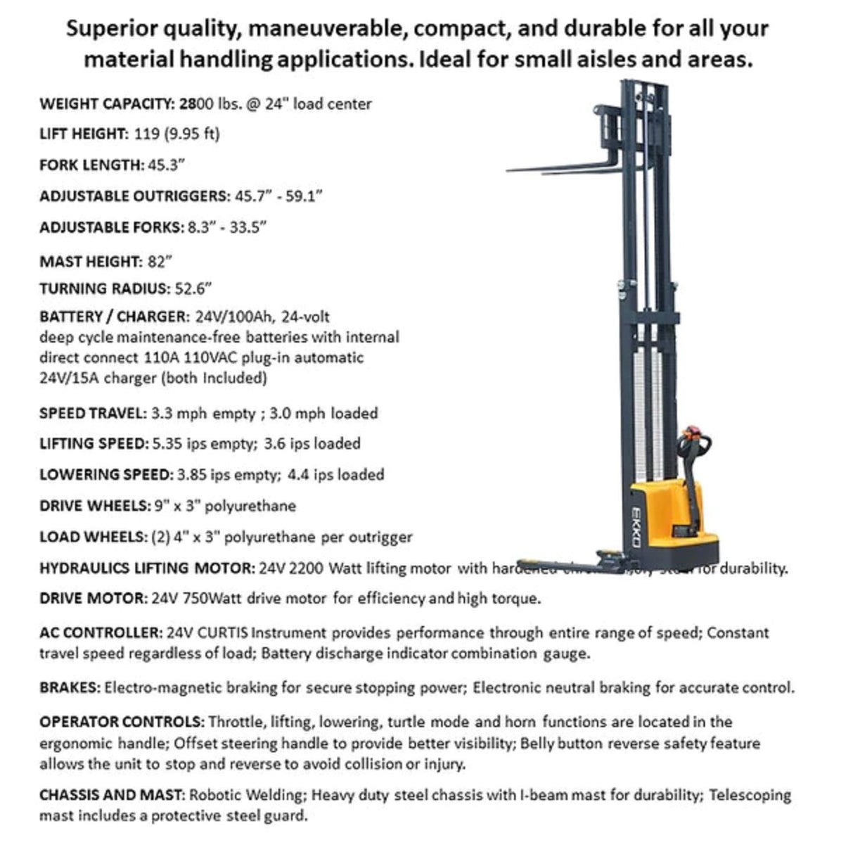 Full Powered Straddle Stacker 119" Height 2800 lbs | Ekko EB13E — Capital Woods Machinery