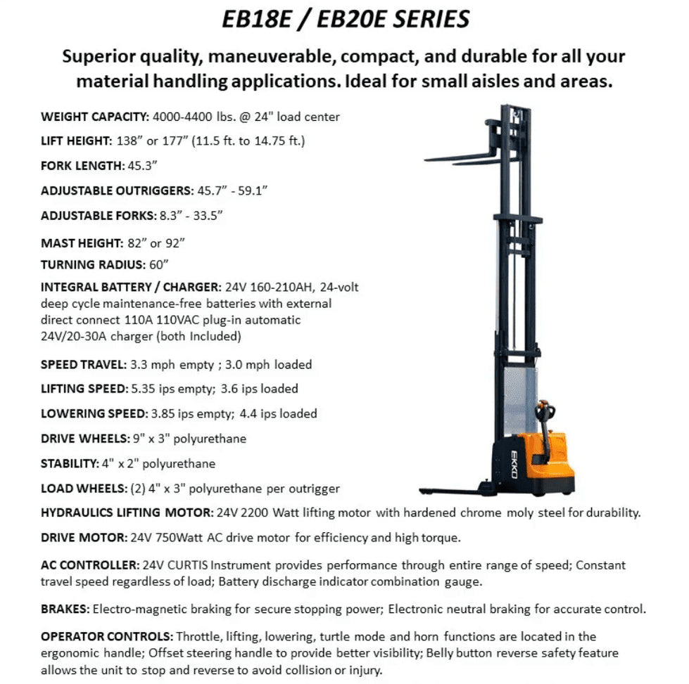 Straddle Stacker 4000 lb Cap., 138" Height | EKKO EB18E Full Powered ...